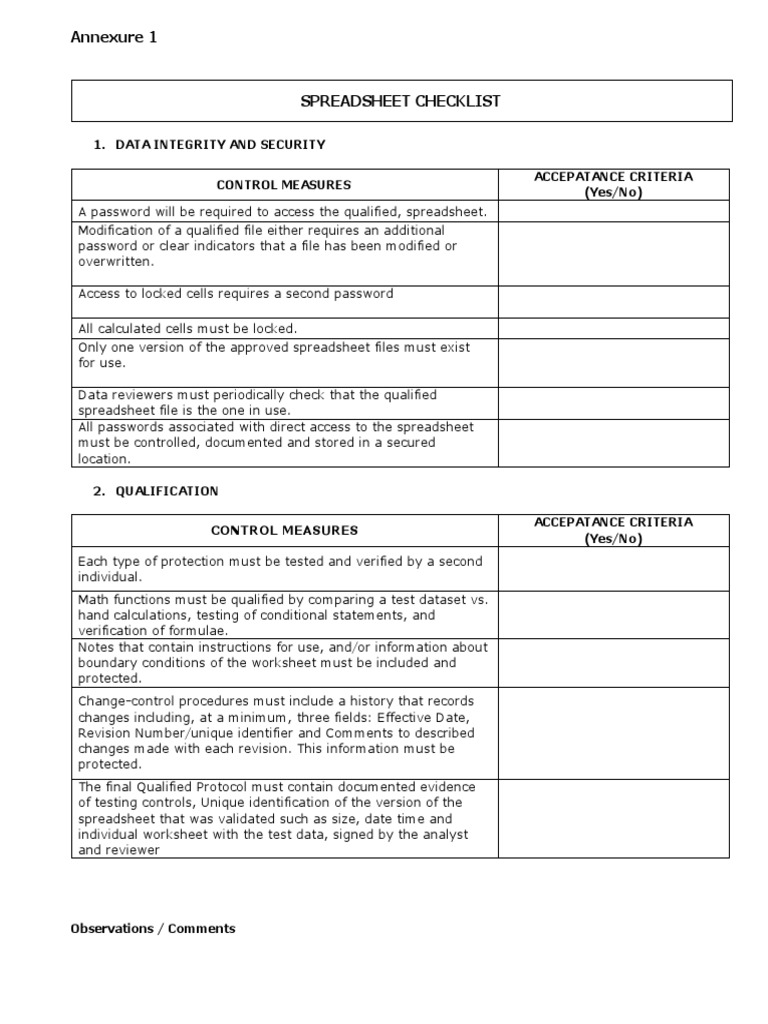 Annexure 1 - Spreadsheet Checklist | PDF