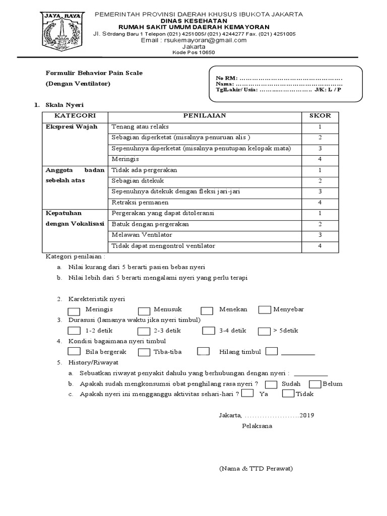 Formulir Behavior Pain Scale Dengan Ventilator | PDF