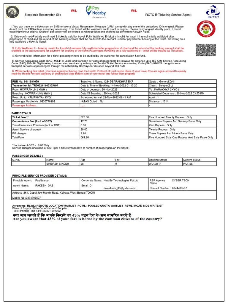 W/L W/L: Electronic Reservation Slip IRCTC E-Ticketing Service (Agent ...