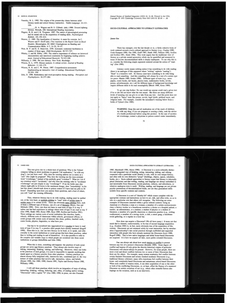 Gee Socio Cultural Approaches To Literacy | PDF