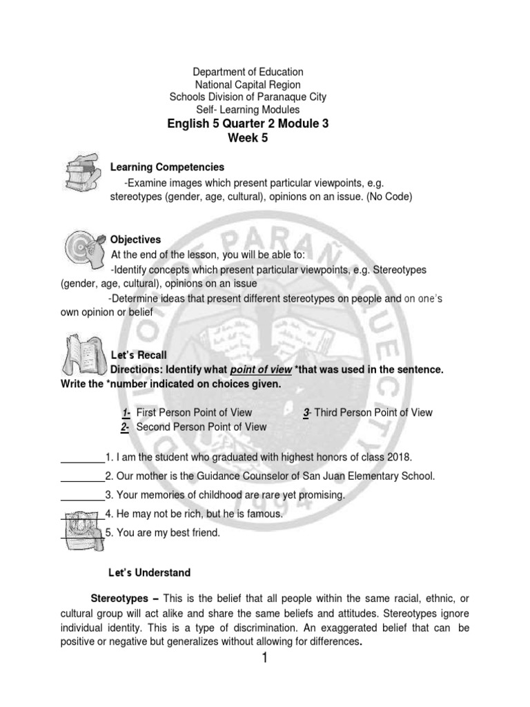 English 5 Quarter 2 Module 3 | PDF | Stereotypes | Gender