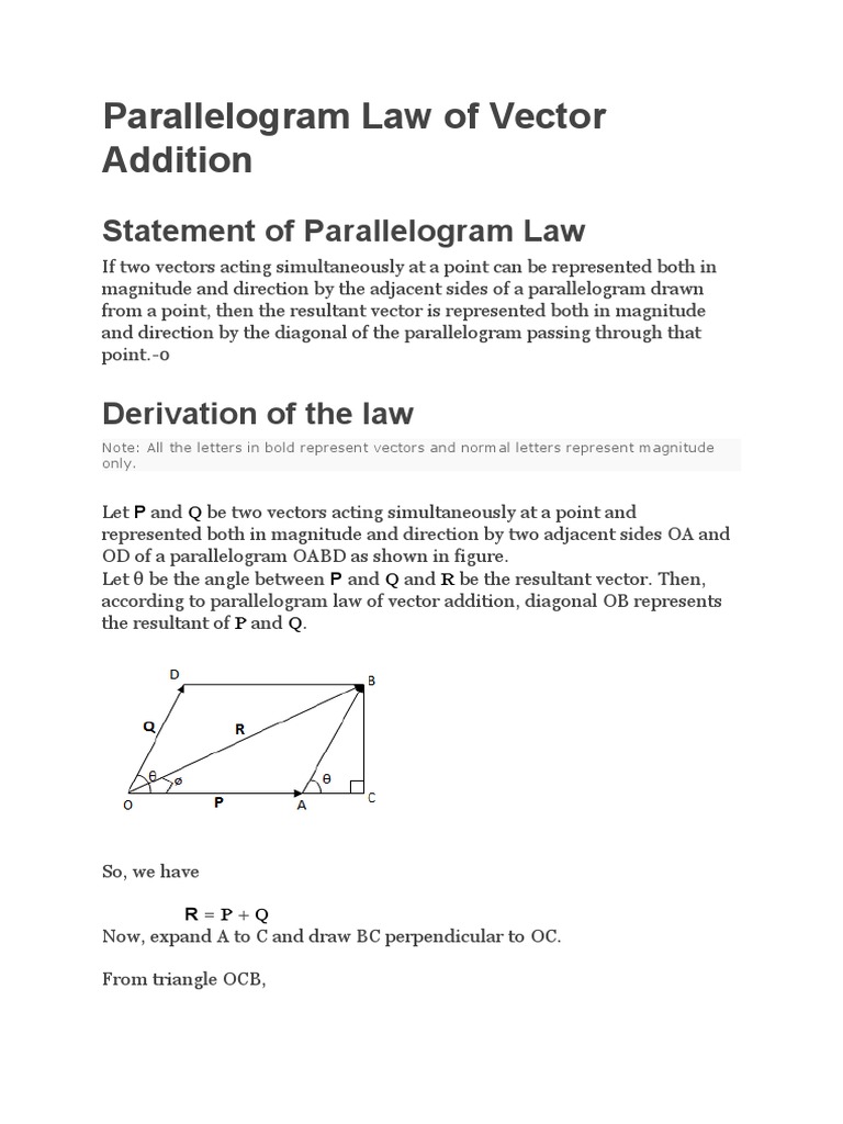 Parallelogram Law of Vector Addition | PDF