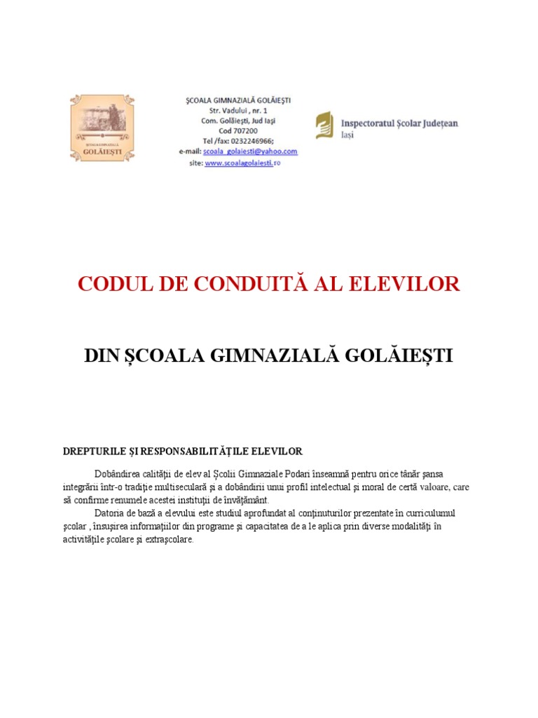 Codul de Conduita Al Elevilor 2021 2022 | PDF