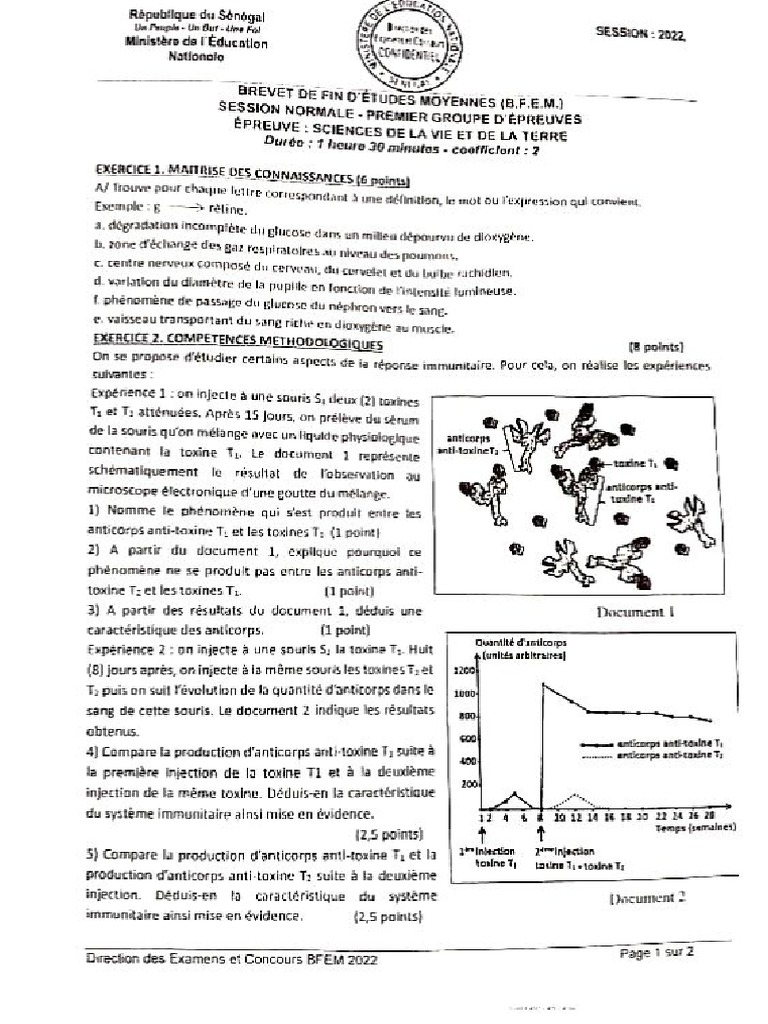 Bfem 2022 Epreuve SVT Session Normale 1er Groupe, Senegal | PDF