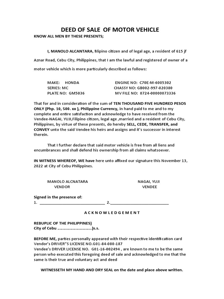 Deed of Sale of Motor Vehicle | PDF
