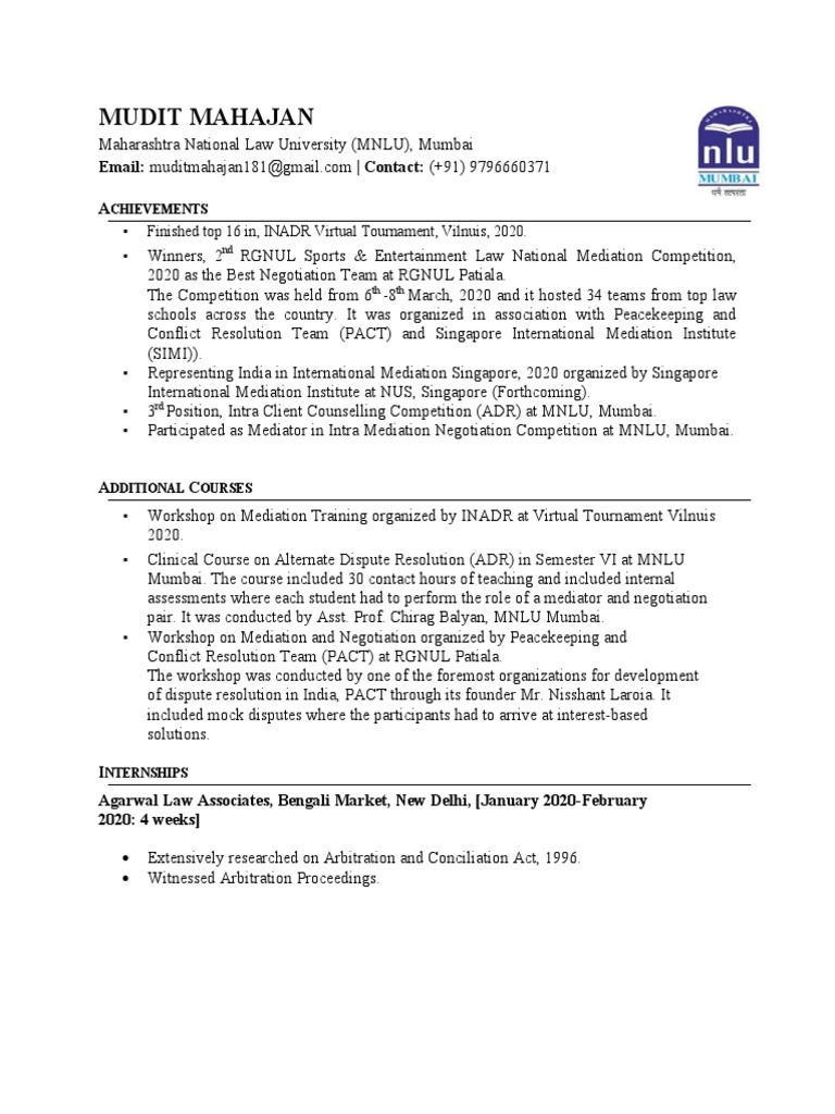 Mudit Mahajan ADR CV | PDF