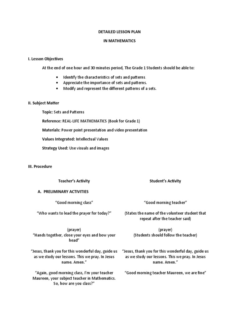 An Introduction To Sets And Patterns A Hands On Lesson Plan For Grade