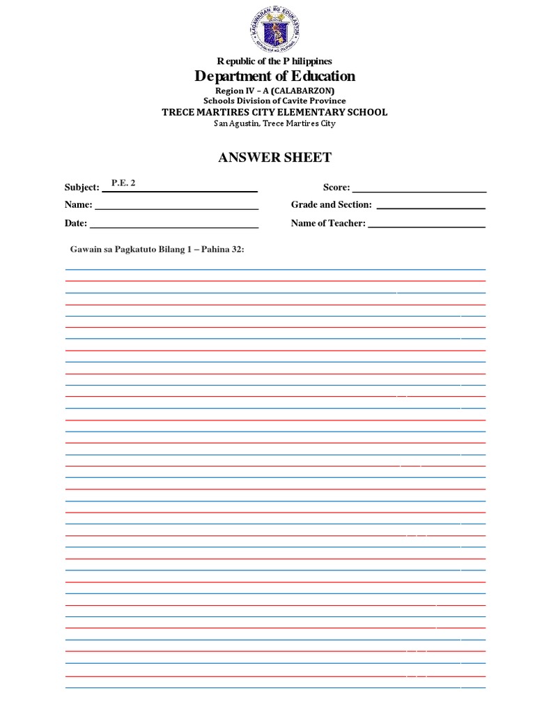 PE TEMPLATE Answersheet Q4W6 | PDF