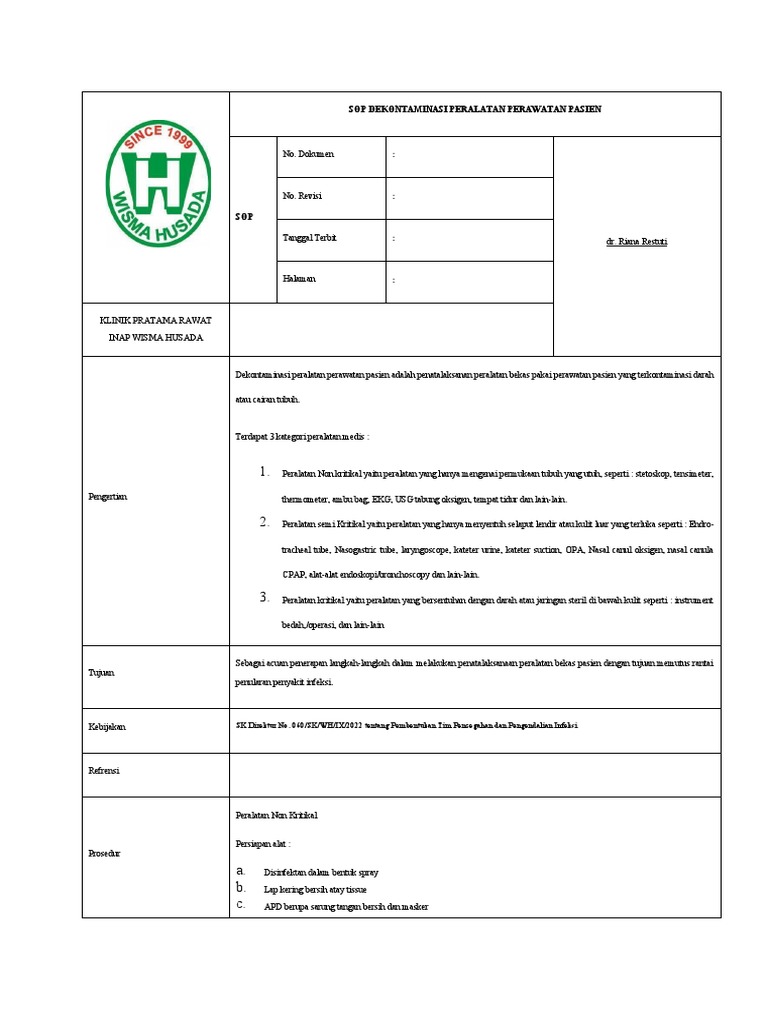 SOP Dekontaminasi Alat Medis | PDF | Sains & Matematika