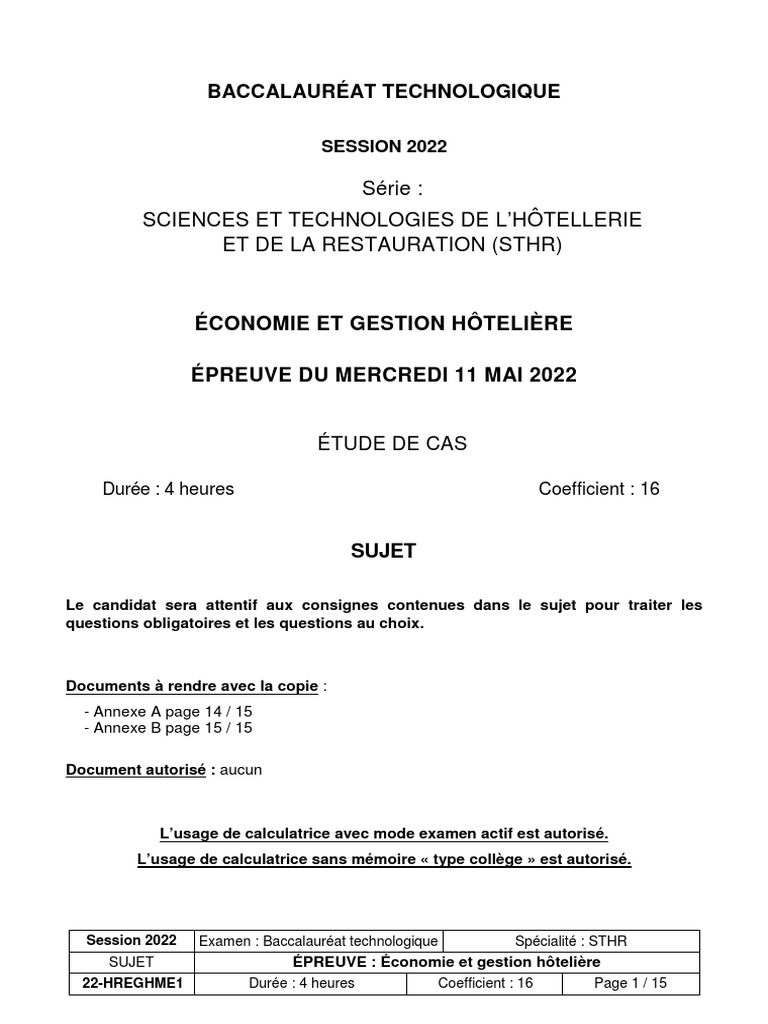 Sujet Bac STHR Egh Me1 2022 | PDF