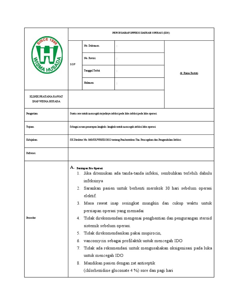 Sop Pencegahan Infeksi Daerah Operasi (IDO) | PDF
