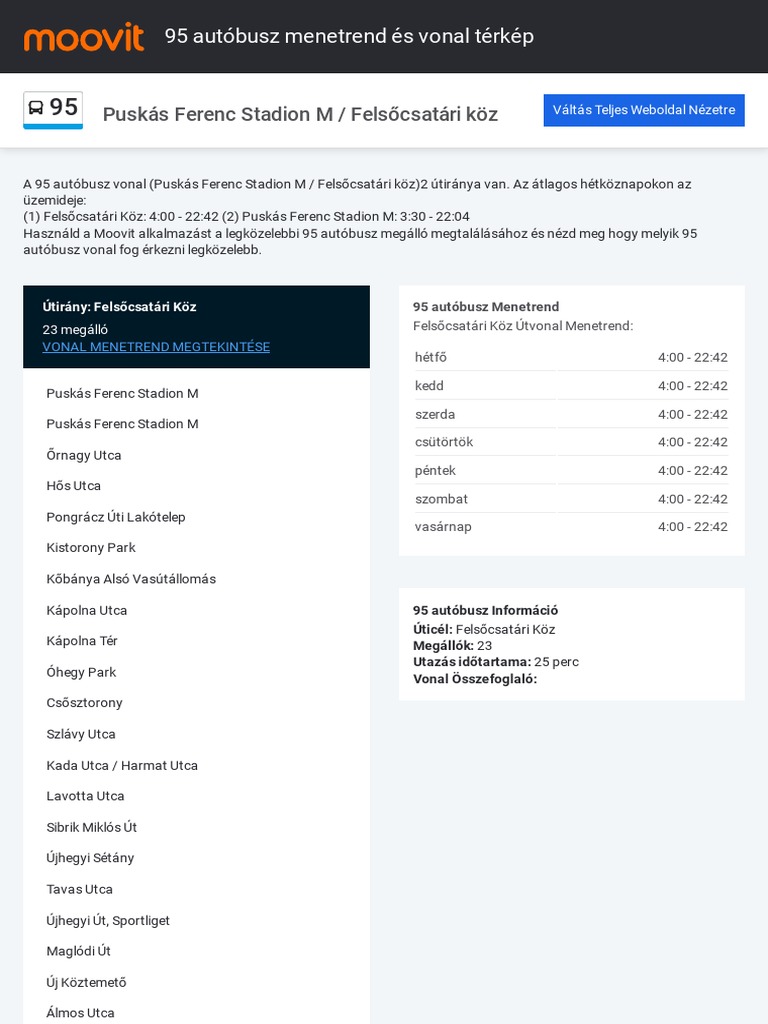 Puskás Ferenc Stadion M / Felsőcsatári Köz: 95 Autóbusz Menetrend És Vonal Térkép | PDF
