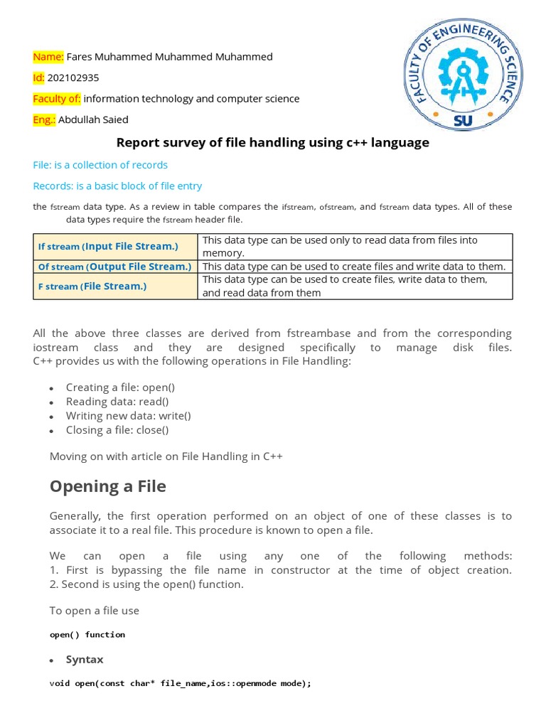 File Handling Using C++ Language | PDF | C++ | Class (Computer Programming)