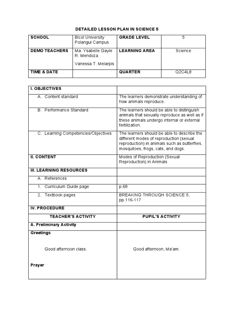 Detailed Lesson Plan in Science 5 | PDF | Fertilisation | Reproduction