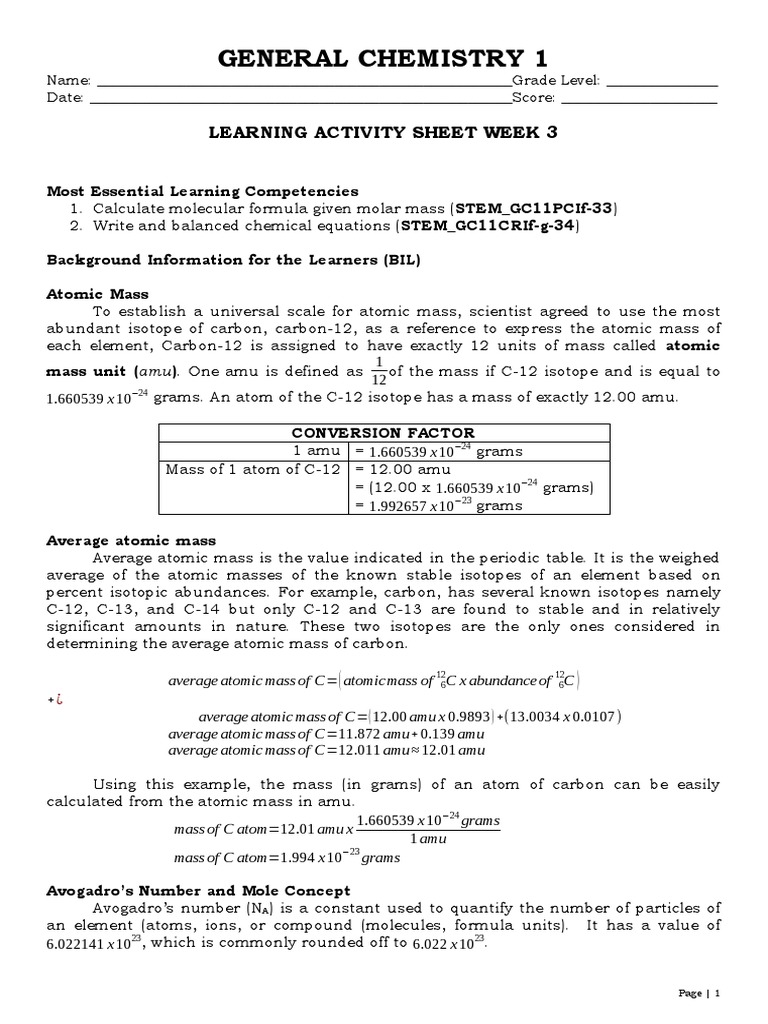 Chemistry: Molar Mass & Atomic Concepts | PDF | Mole (Unit) | Chemical ...
