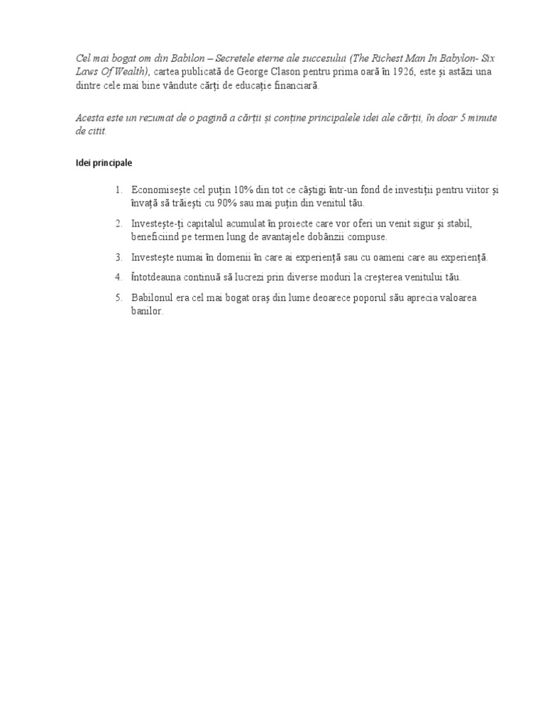Cel Mai Bogat Om Din Babilon Rezumat | PDF