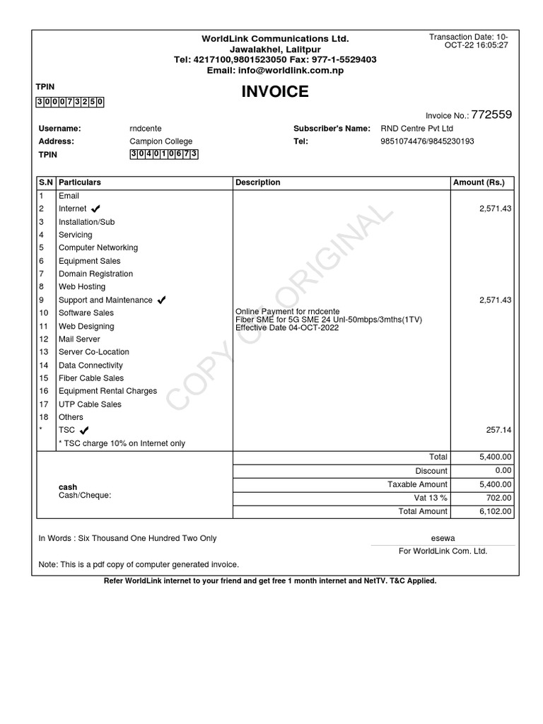Invoice: Worldlink Communications Ltd. Jawalakhel, Lalitpur Tel ...