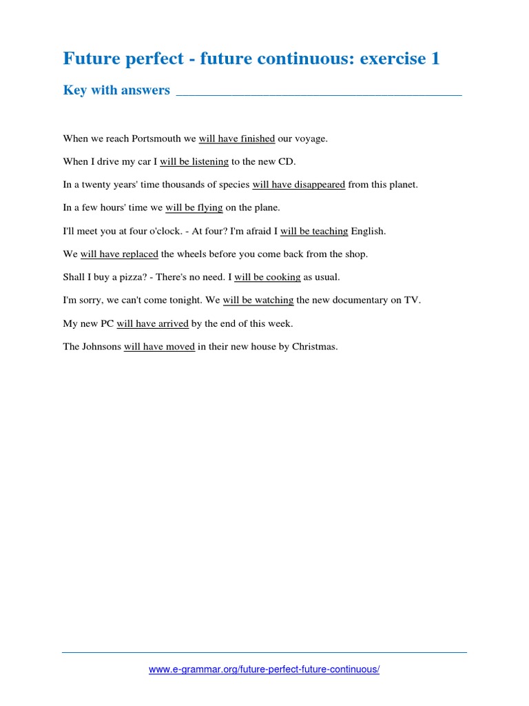 Future Perfect Future Continuous Exercise 1 Key | PDF
