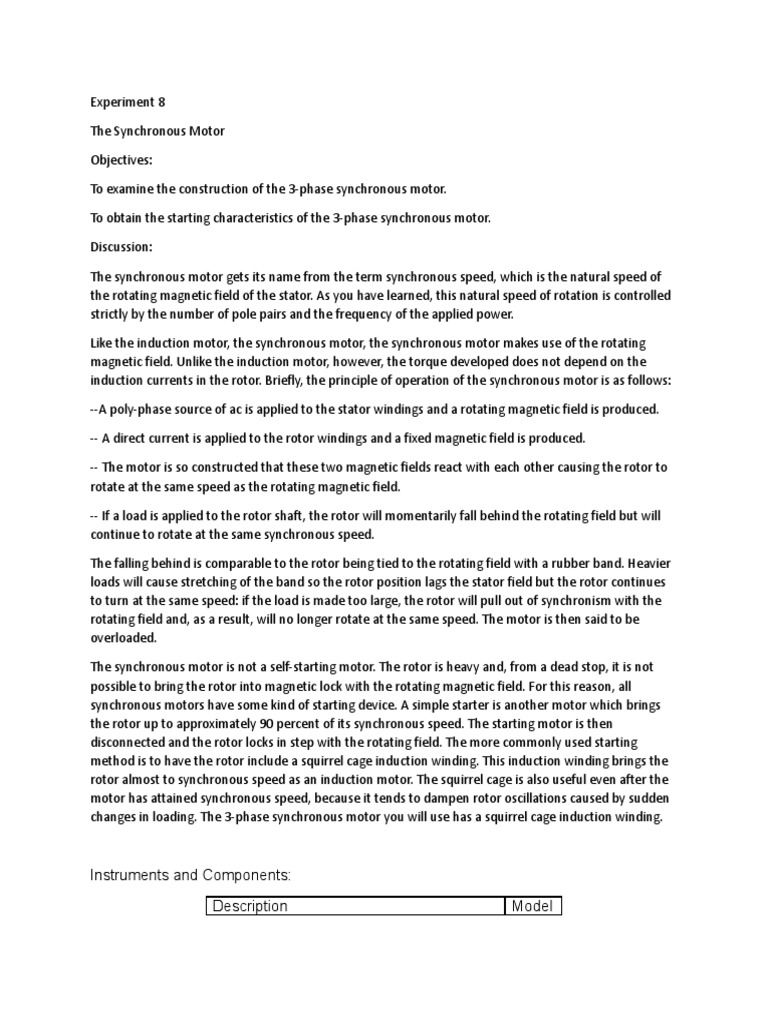 Experiment 8 Synchronous Motor - Part I | PDF | Electric Motor | Power (Physics)