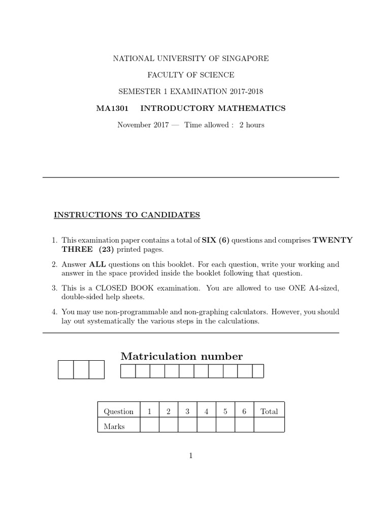 MA1301 2018-2017 Final Exam Paper | PDF | Equations | Ordinary Differential Equation