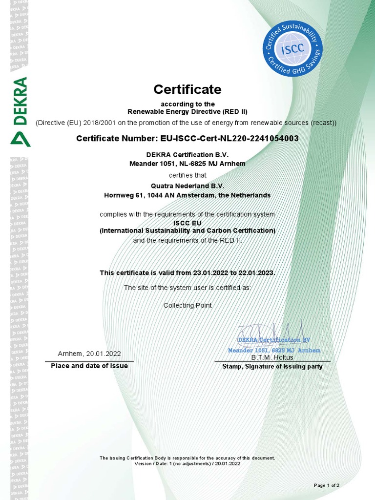 Certificate: Certificate Number: EU-ISCC-Cert-NL220-2241054003 | PDF | Palm Oil | Agriculture