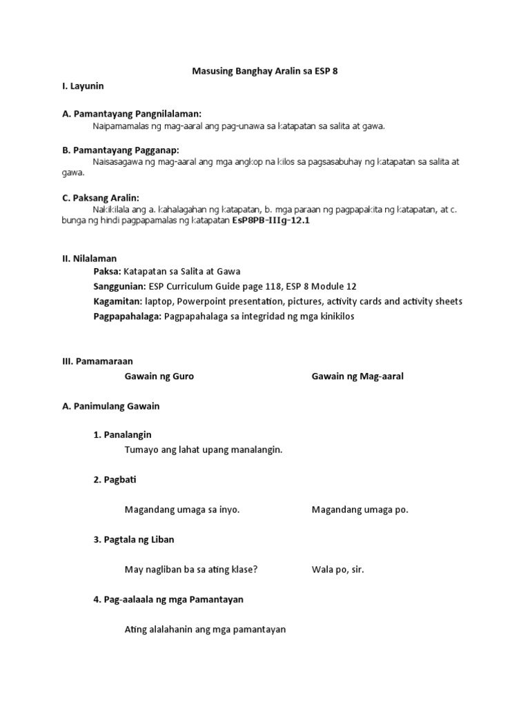 Masusing Banghay Aralin Sa ESP 8 | PDF