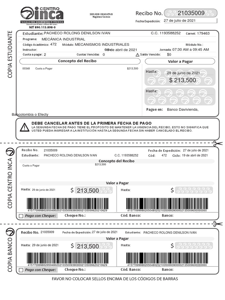 Recibo Pago Centro Inca | PDF | Industrias de servicio | Bancos