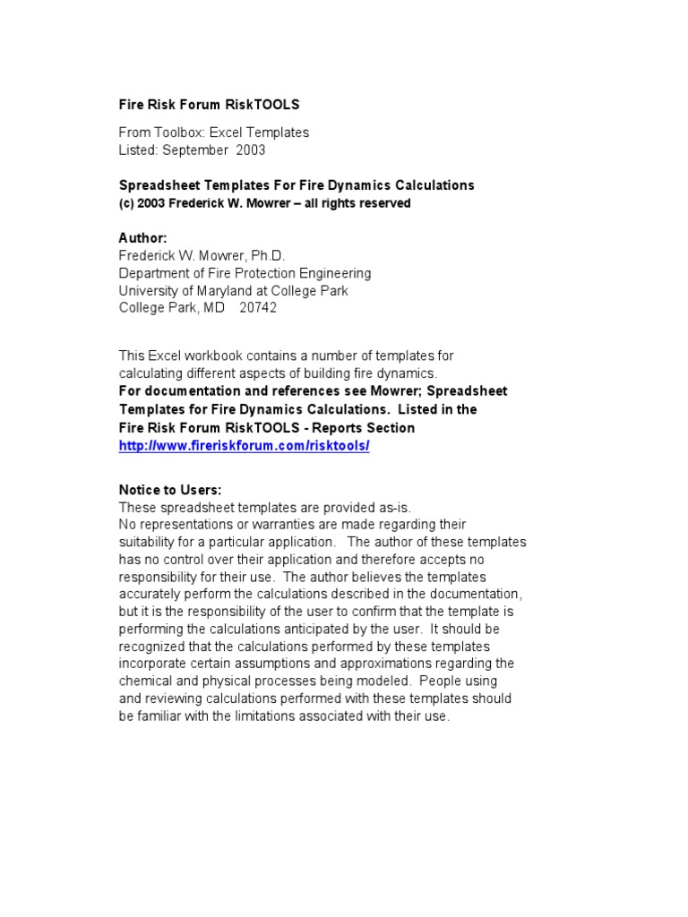 Excel Fire Calc F Mowrer Templates REV 2.0 | PDF | Combustion | Fires