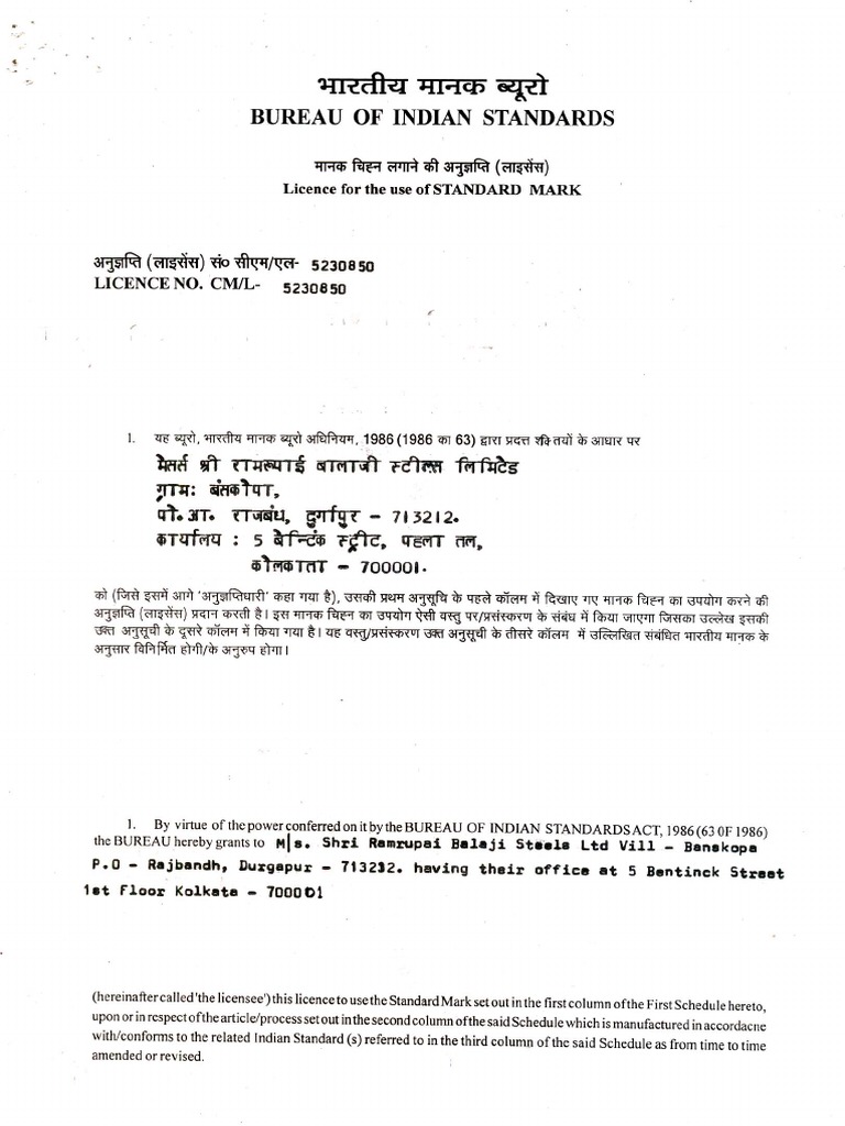 BIS Licence (TMT Current) | PDF