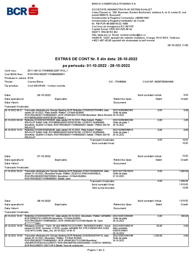 Extras de Cont BCR - Cosma Elena | PDF | Banking | Financial Services