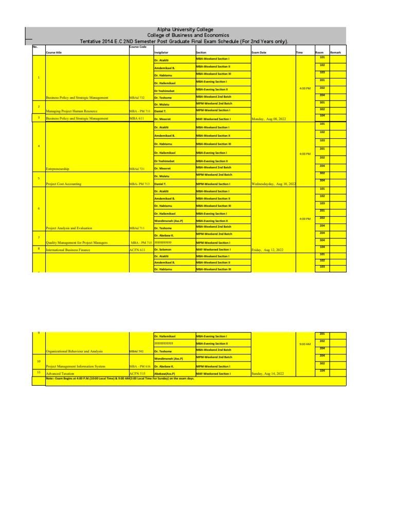 2014 PG 2nd Year 2nd Semester Final Exam Schedule. | PDF | Leadership | Evaluation