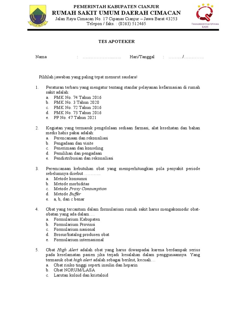 SOAL TES APOTEKER Plus Kunci Jawaban | PDF | Sains & Matematika