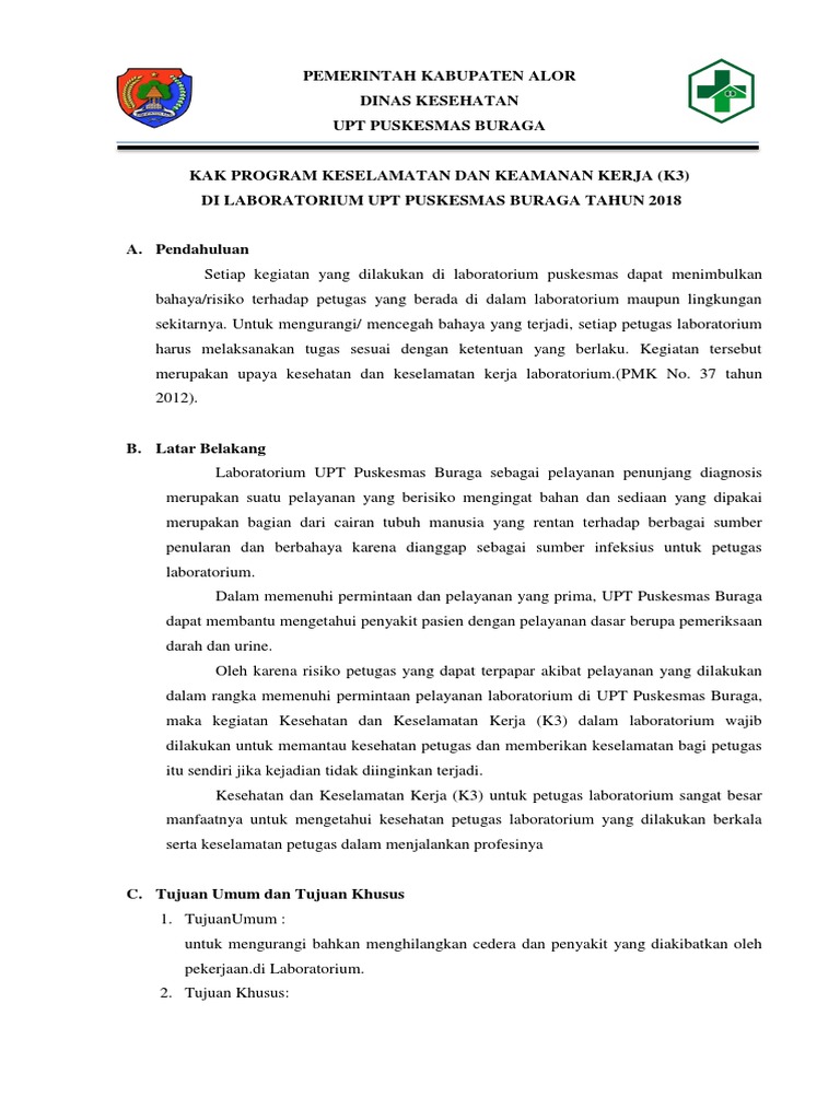 12 Kak Program Keselamatan Dan Keamanan Kerja k3 Laboratorium PDF Free | PDF