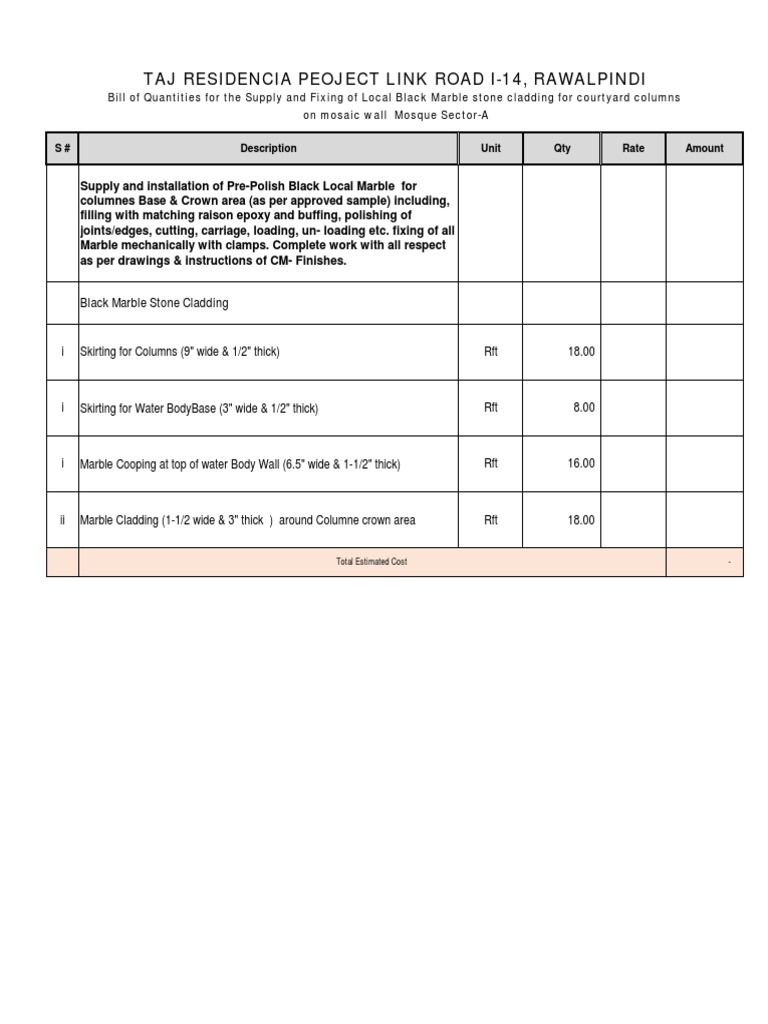 BOQ Marble Cladding | Download Free PDF | Building Materials | Building Technology