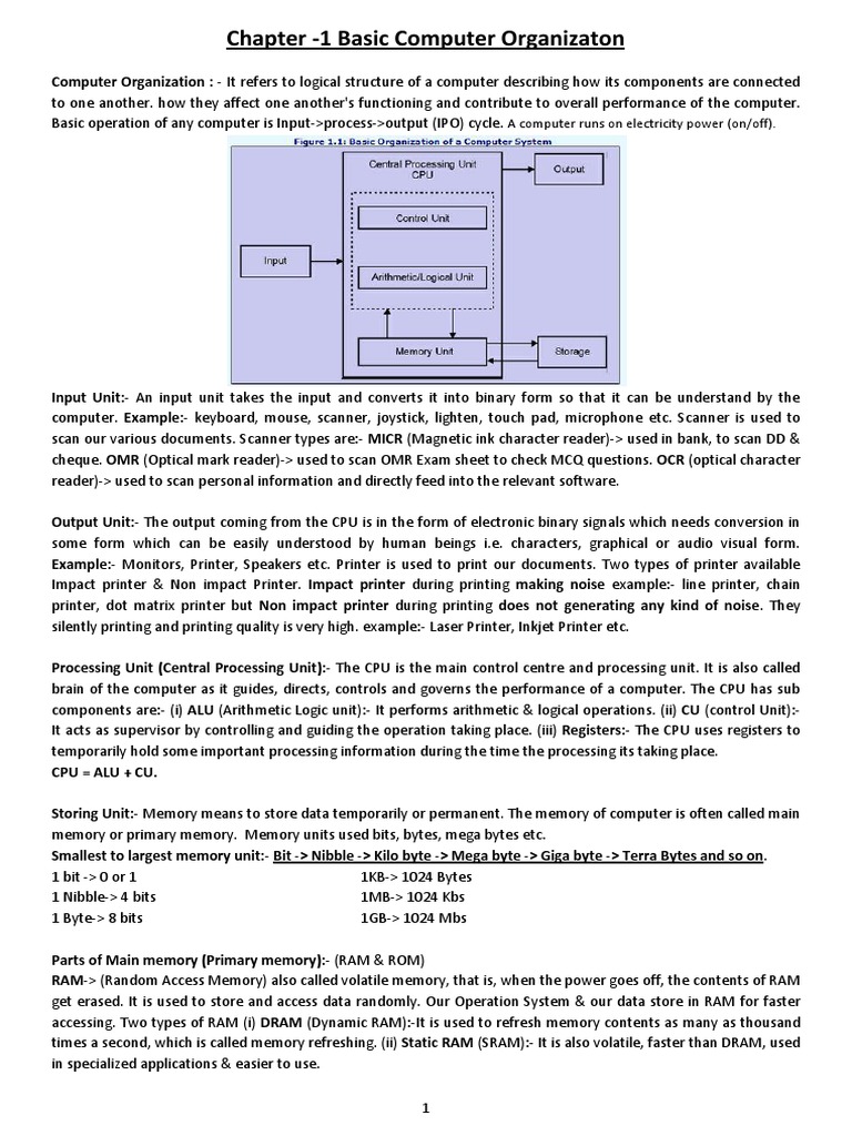 Class 11 CH - 1 Basic Computer Organization | PDF | Random Access Memory | Read Only Memory