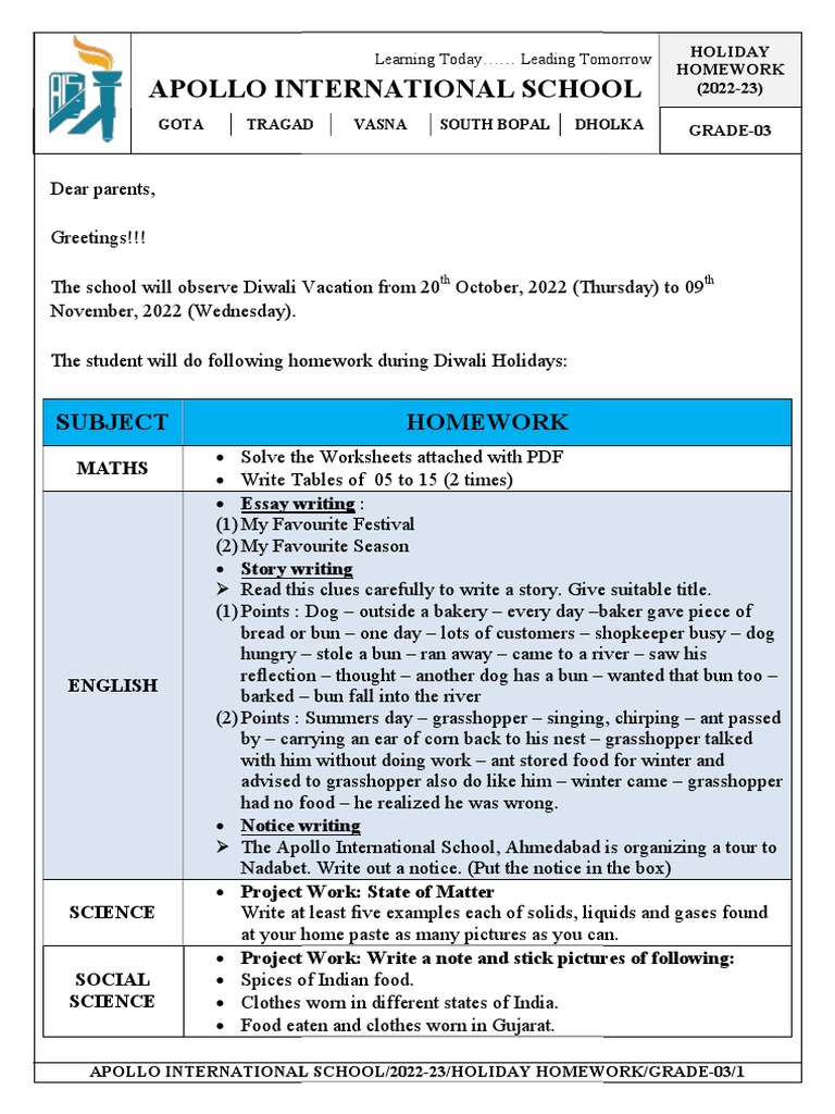Apollo Grade 3 Diwali homework | PDF