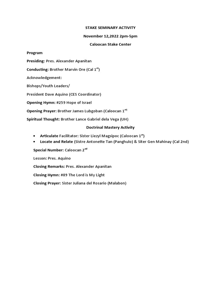 Stake Seminary Program | PDF