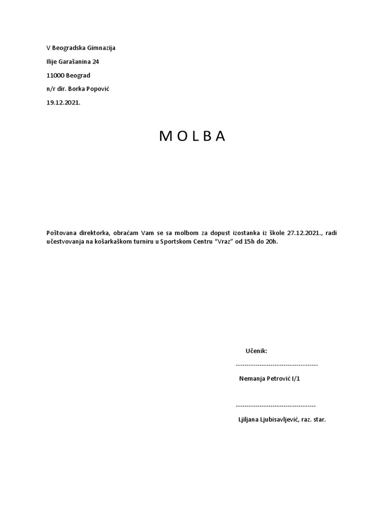 Molba Direktorki | PDF