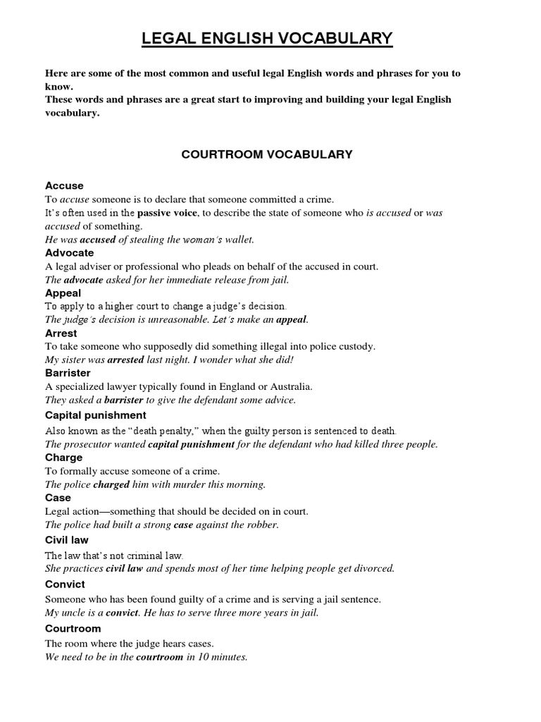 Legal English Vocabulary Guide | PDF | Renting | Driving Under The ...