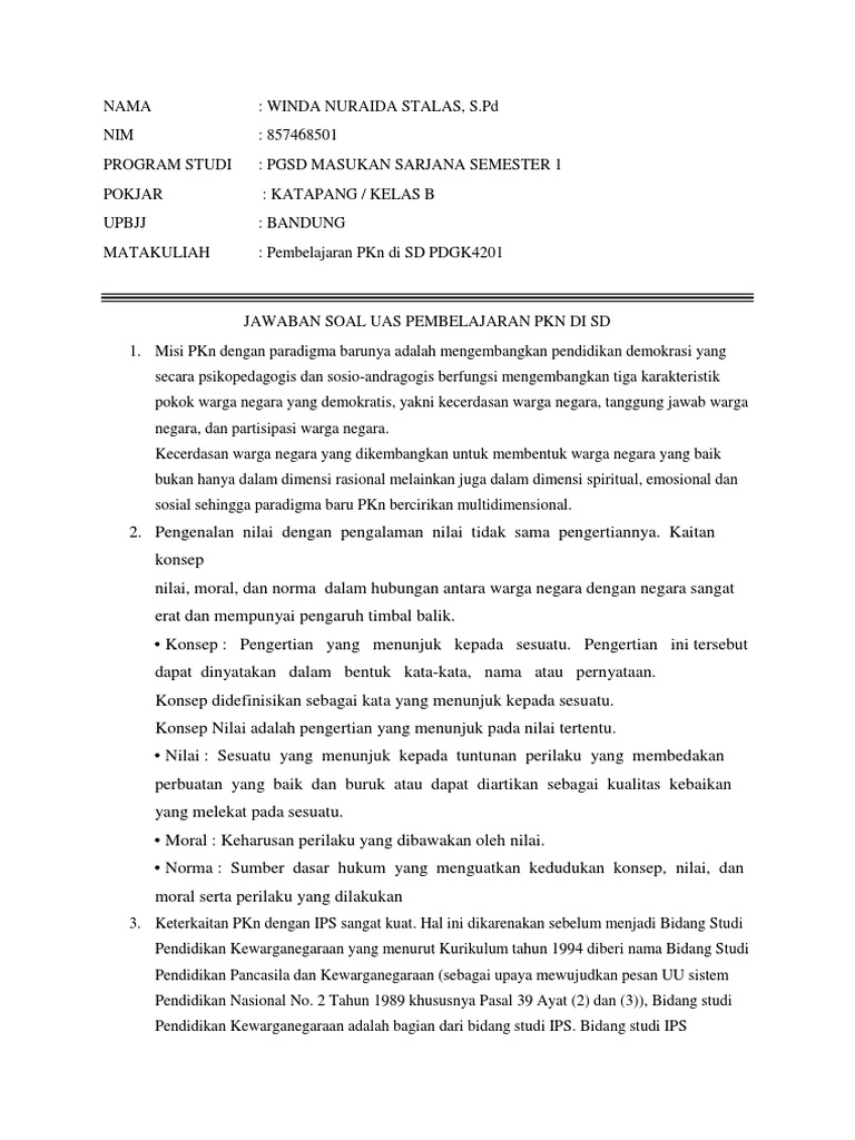 JAWABAN SOAL UAS Pembelajaran PKN Di SD | PDF