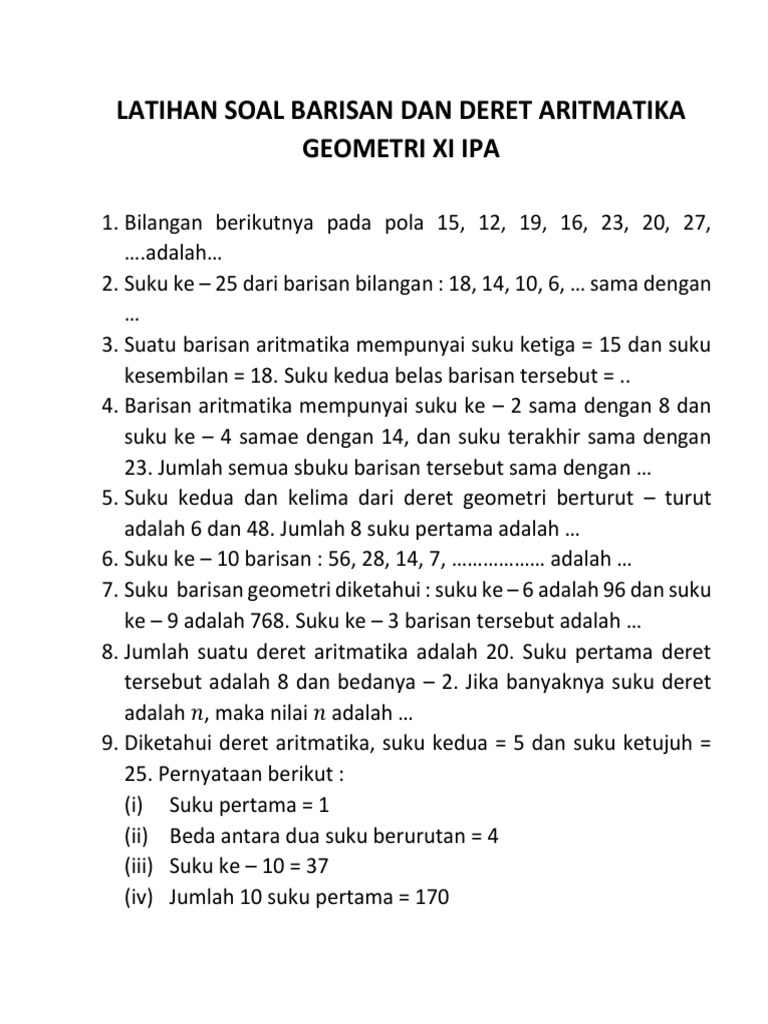 Latihan Soal Barisan Dan Deret Aritmatika Geometri Xi Ipa | PDF