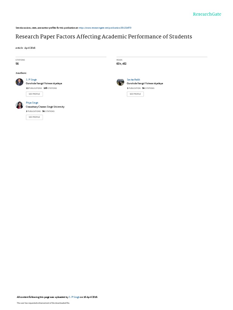 Research Paper Factors Affecting Academic Performance of Students | PDF