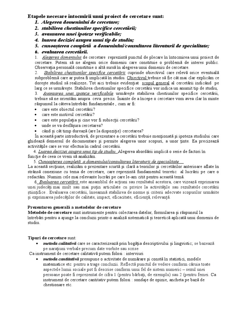 Etapele Necesare Întocmirii Unui Proiect de Cercetare Sunt | PDF
