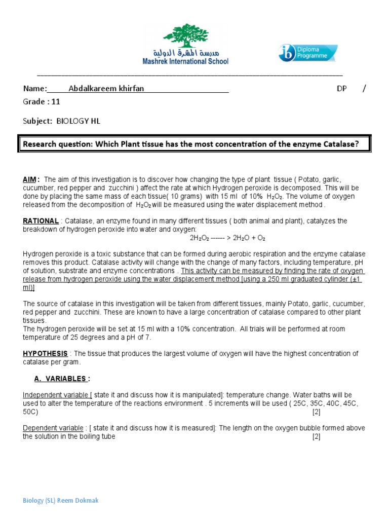 Plant Tissue Catalase Rates | PDF | Catalase | Hydrogen Peroxide