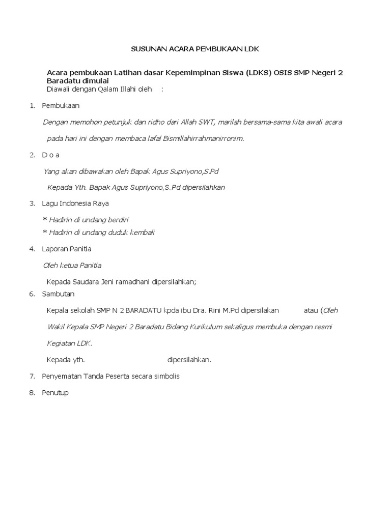 Susunan Acara Pembukaan LDK | PDF