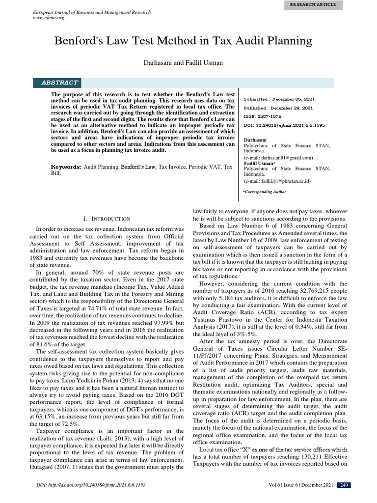 Benford Law Test Method in Tax Audit Planning | PDF | Audit | Taxes