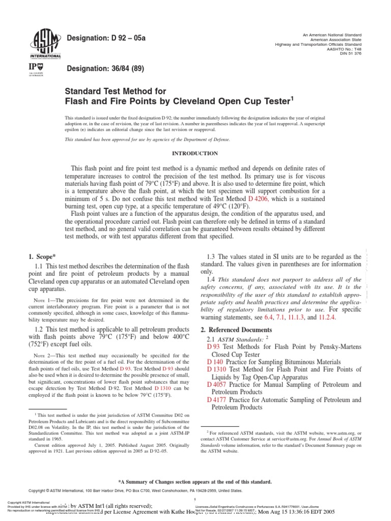 Flash and Fire Points by Cleveland Open Cup Tester: Standard Test ...