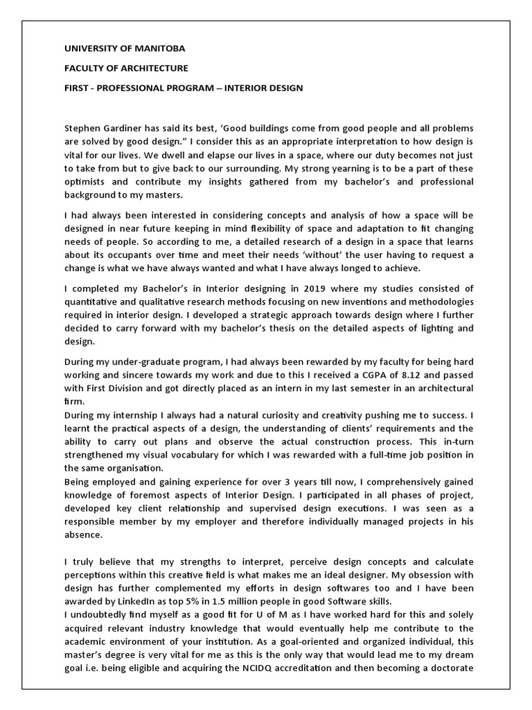 Statement of Intent - University of Manitoba (Kohsheen Kak) | PDF ...