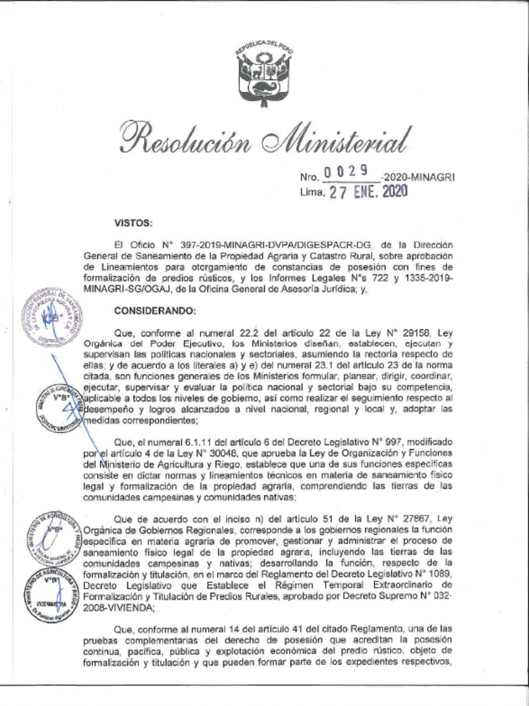 RM 0029-2020-MINAGRI-otorgamiento Constancias Posesion | PDF