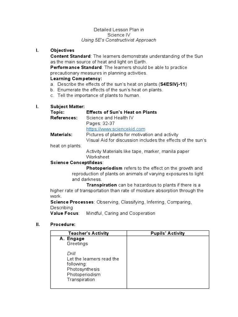 Detailed Lesson Plan 5e's Constructivist Approach | PDF